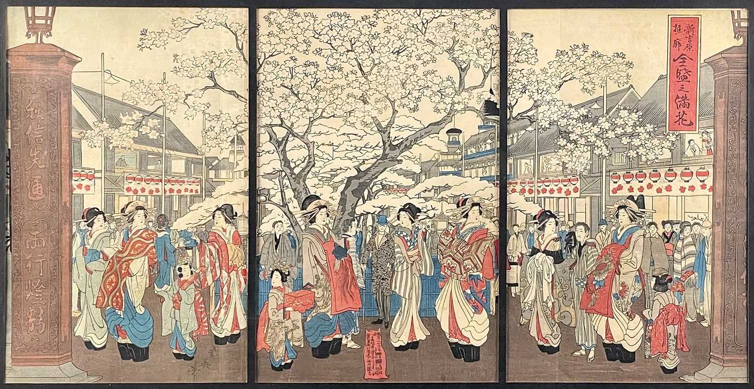 Lot 78 - A Japanese triptych woodblock print, 19th