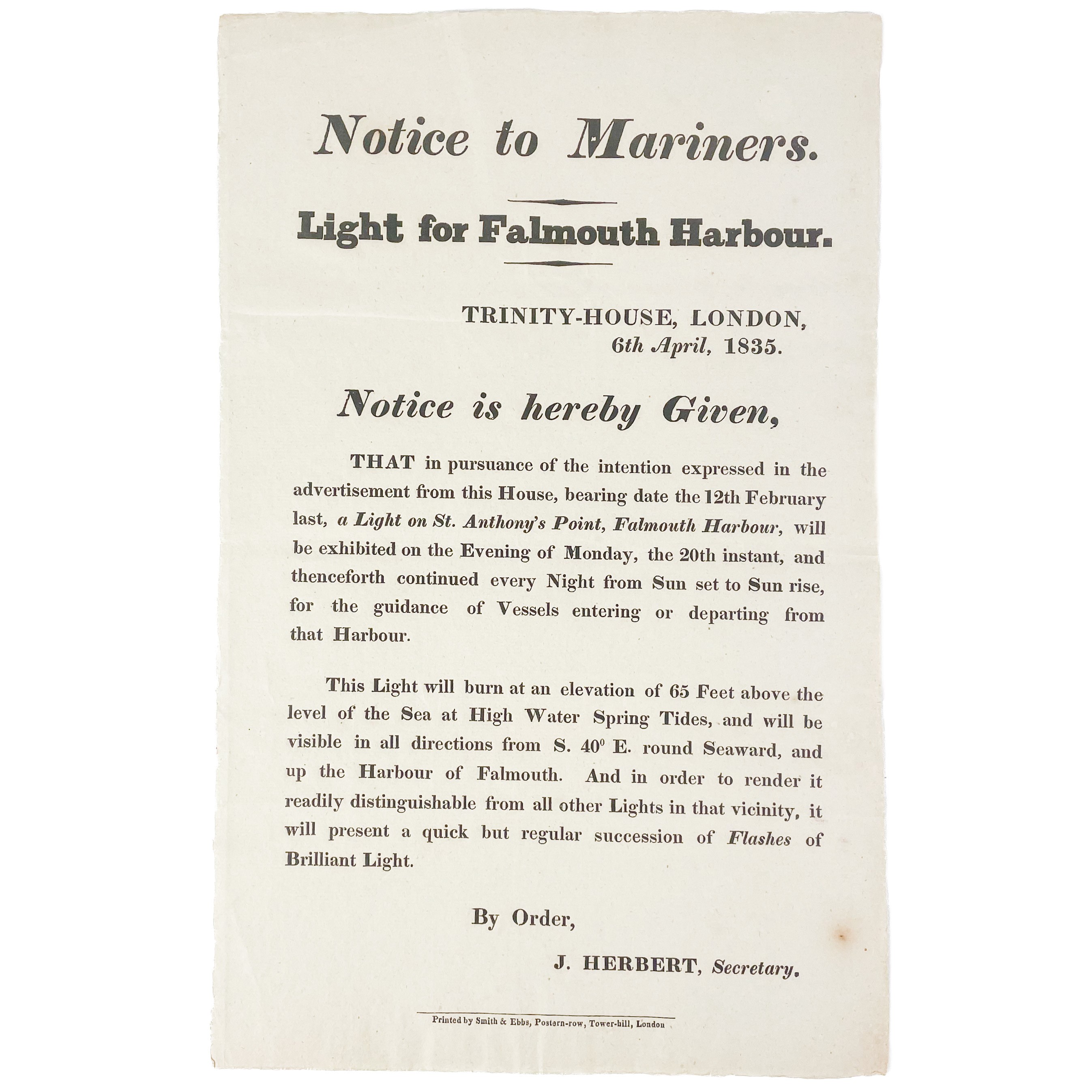 Lot 624 - 'Notice to Mariners. Light for Falmouth